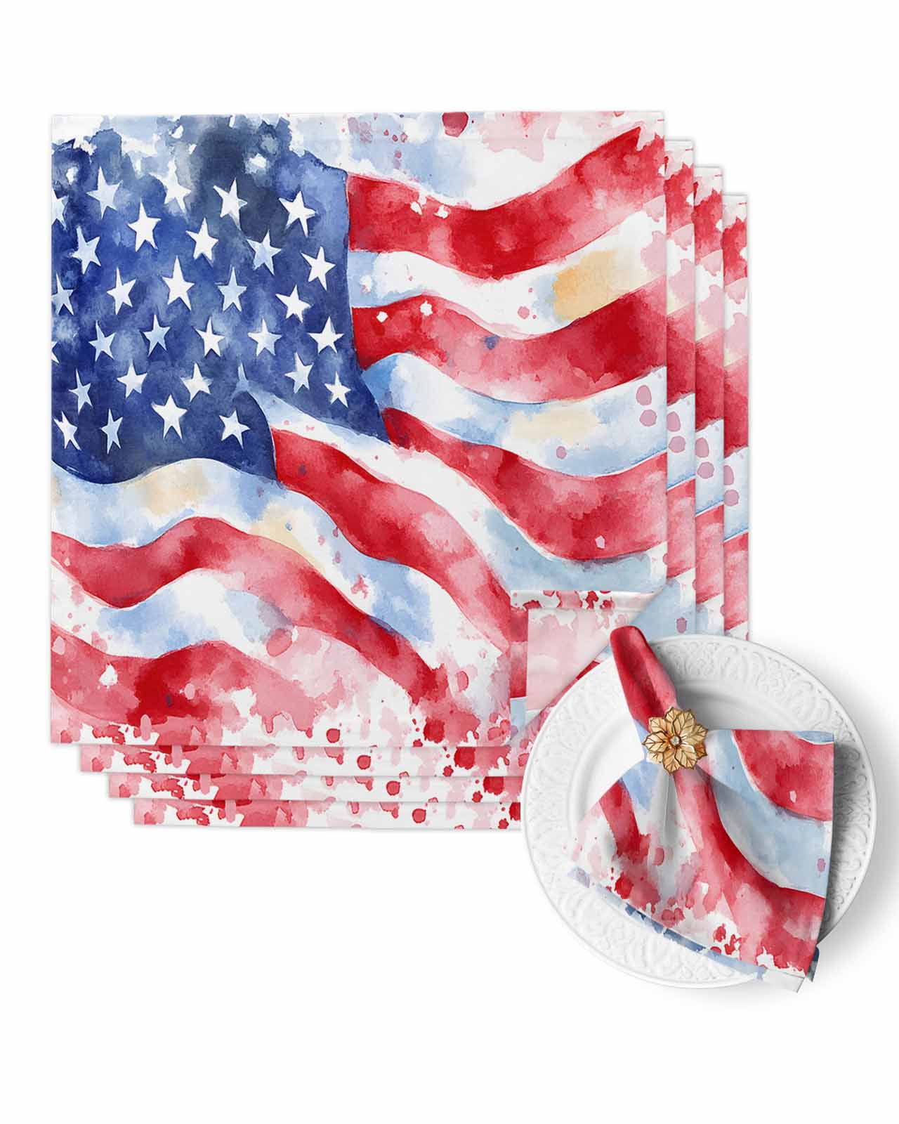 Cloth Napkins Watercolor Retro USA National Flag Washable Soft Kitchen ...
