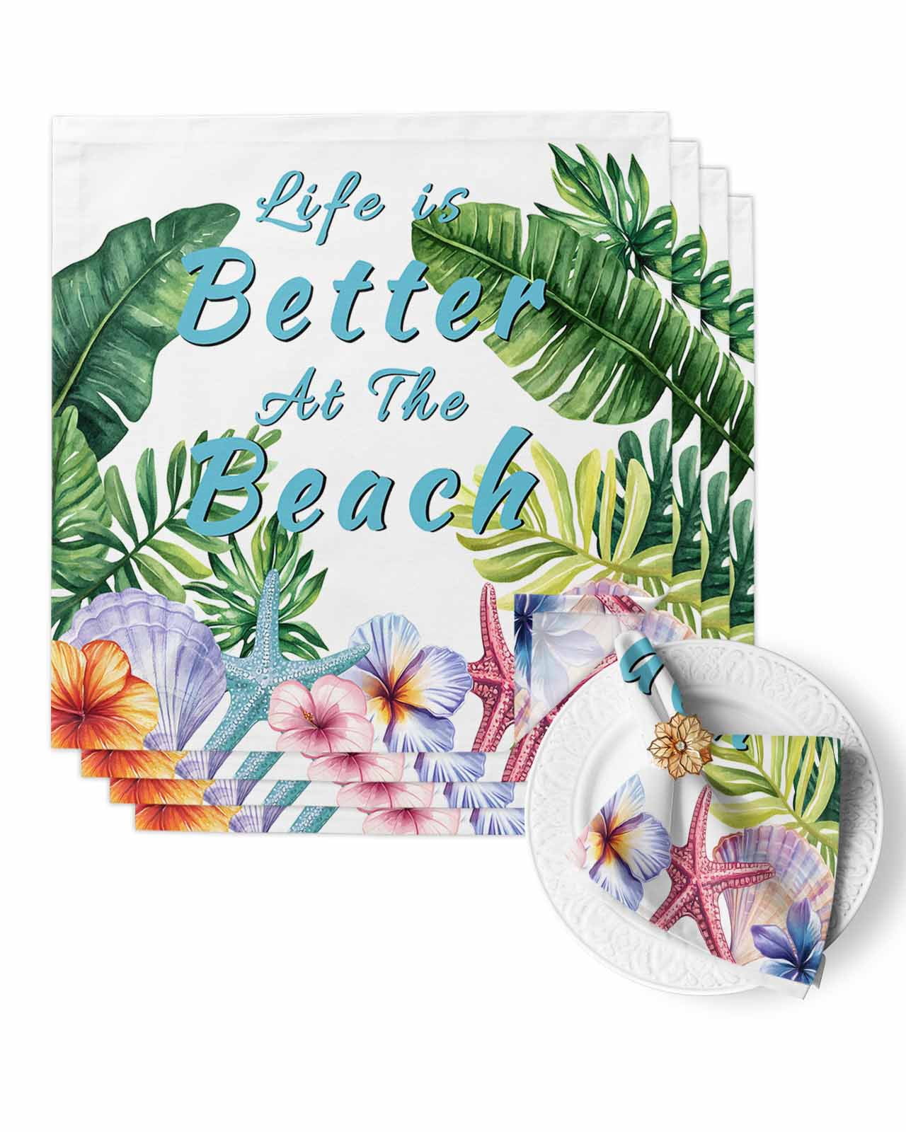 Cloth Napkins Watercolor Tropical Leaf Floral Starfish Shell Washable ...