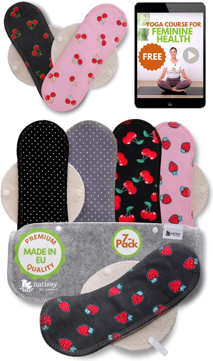 Cloth Panty Liners for Women; 7-Pack (M) Medium Organic Cotton Reusable ...