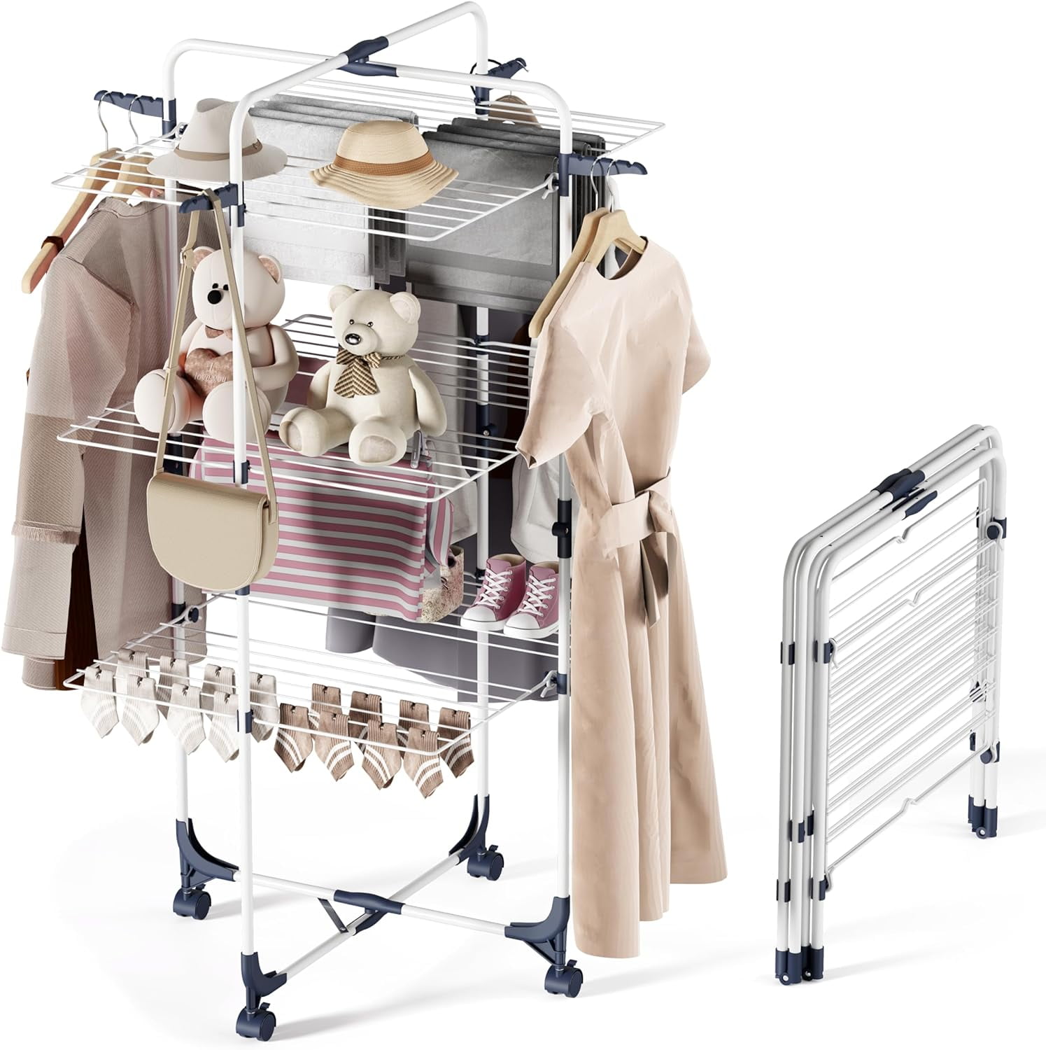 Clothes Drying Rack, 3-Tier Collapsible Laundry Rack Stand Garment ...