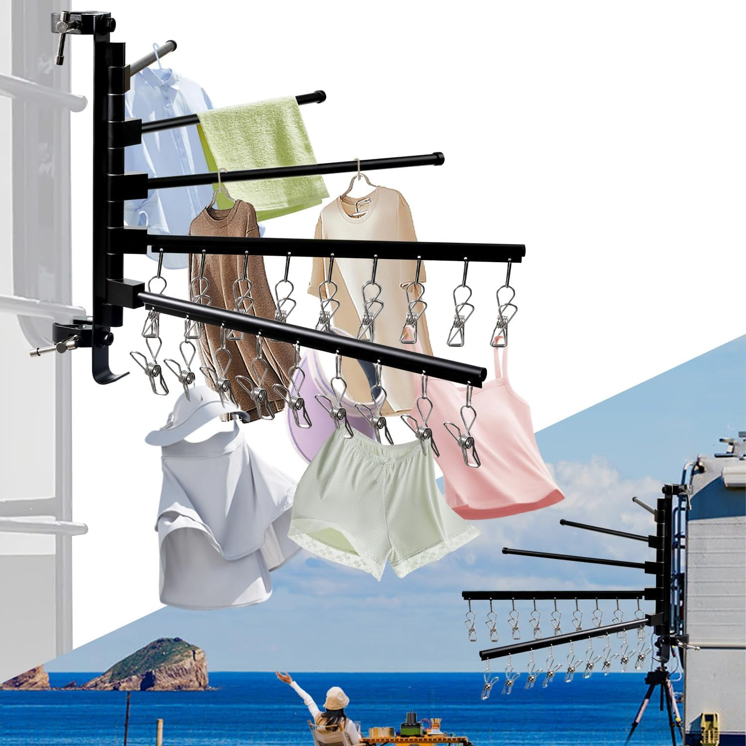 Clothes Drying Rack, Five 15.3" Long Rack Arms with 18 Clips, Aluminum ...