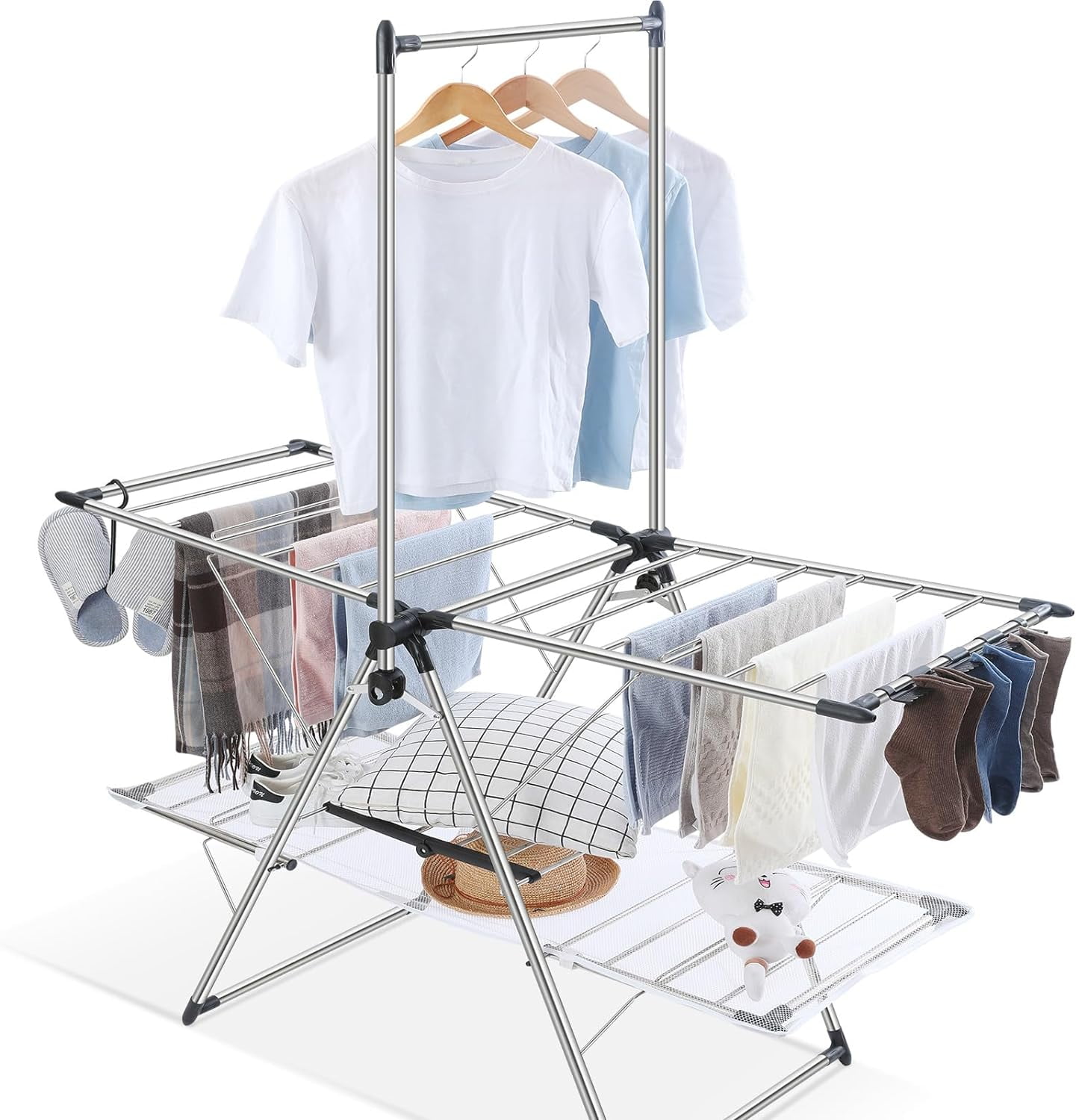 Clothes Drying Rack, Foldable 2-Level Drying Racks with High Hanger, Metal Laundry Stand with ...