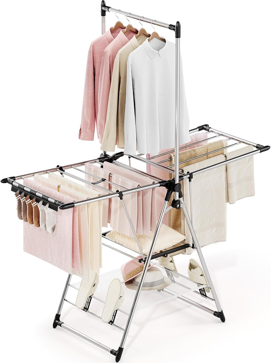 Clothes Drying Rack with High Hanger, Foldable 3-Level Drying Racks ...