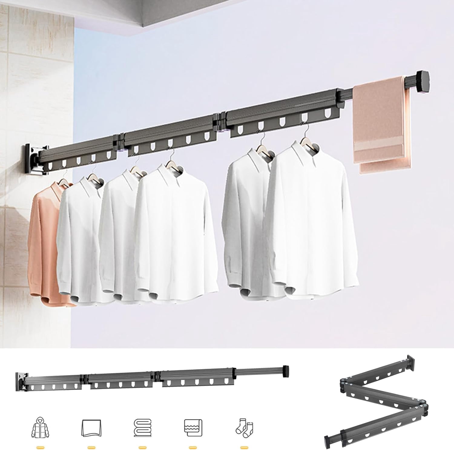 Clothes Drying Rack Wall Mount, Laundry Drying Rack Punch-Free ...