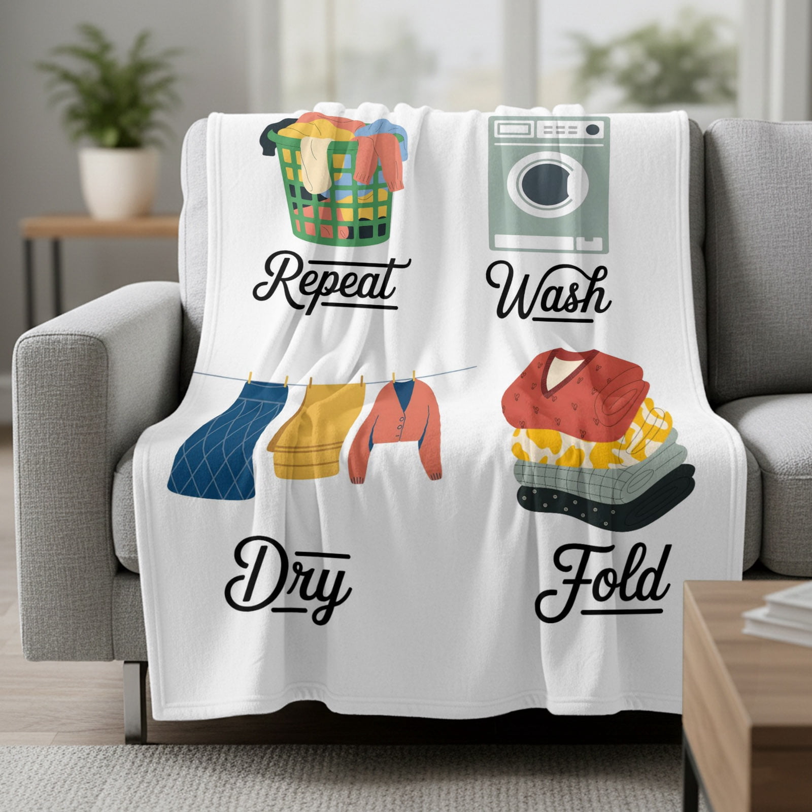 Clothes Laundry Fleece Throw Blanket Repeat Wash Fold Dry Abstract Art ...