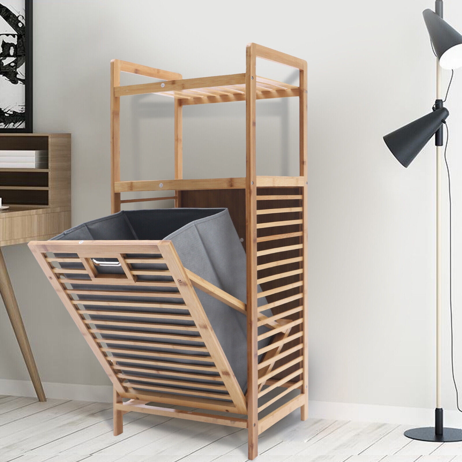 Clothes Laundry Hamper Bamboo Basket Cabinet Washing Organizer with ...