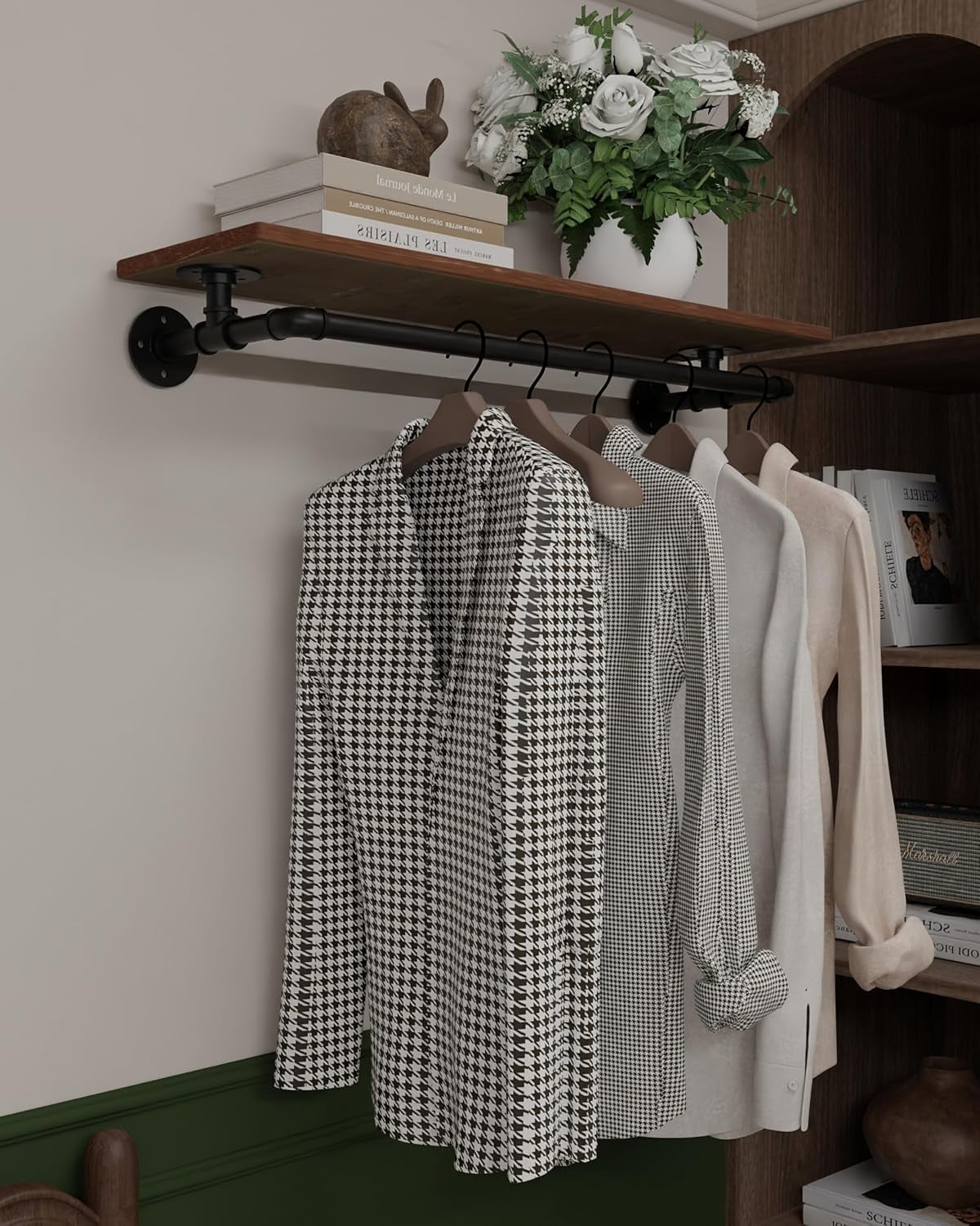 Clothes Rack 36in, Wall Mounted Garment Rack with Real Wood Shelf ...