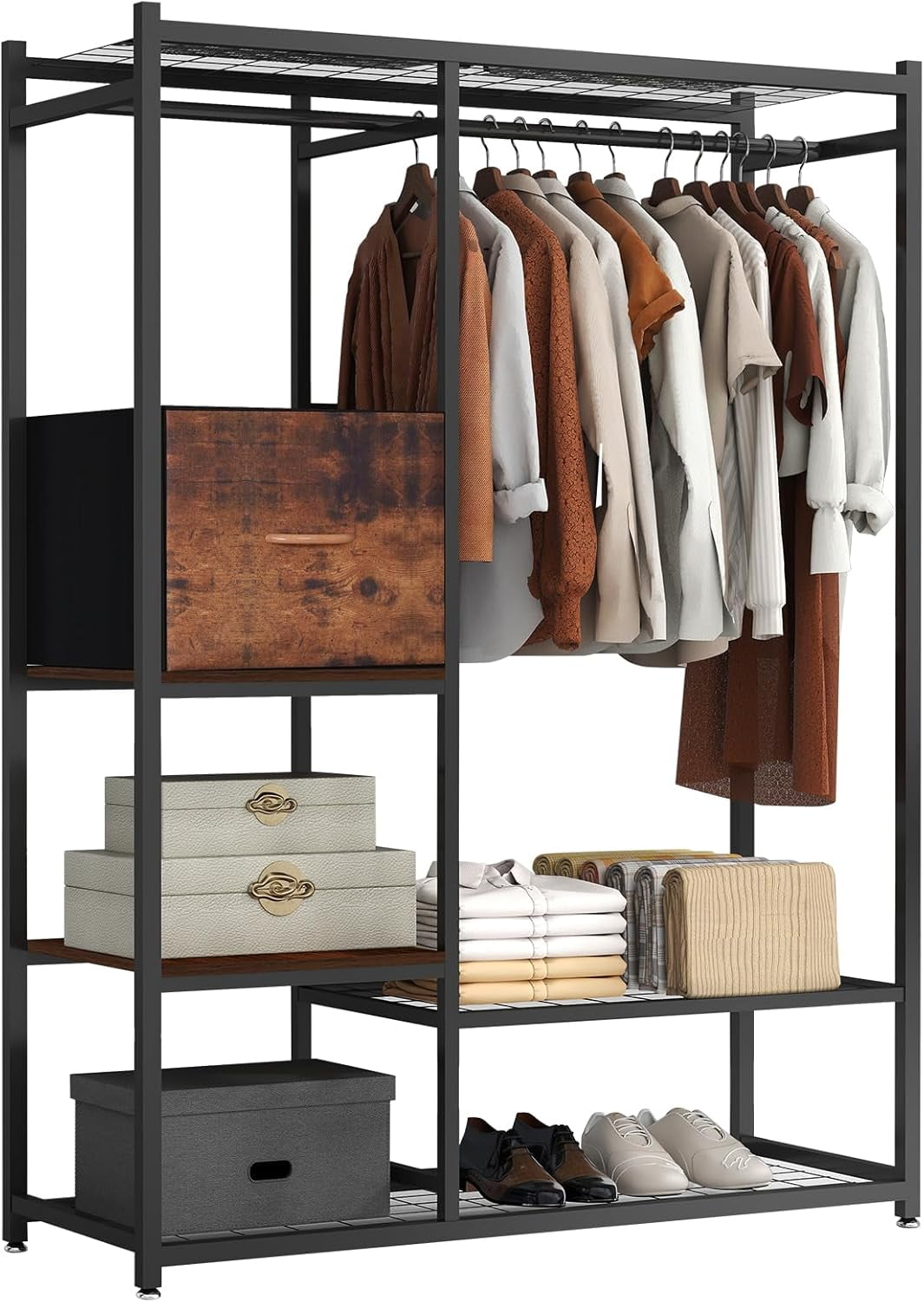 Clothes Rack with 4 Shelves & Drawer, Freestanding Closet Organizer ...