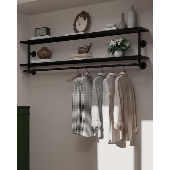 Clothes Rack 60in 2-Tier Wall Mounted Garment Rack with Real Wood Shelf ...