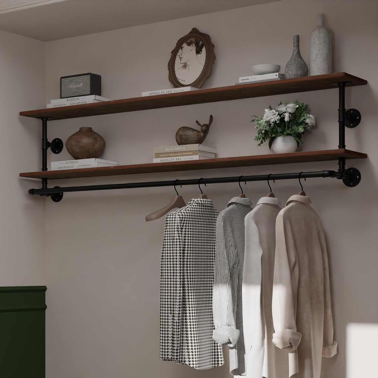 Clothes Rack 60in 2-Tier Wall Mounted Garment Rack with Real Wood Shelf ...