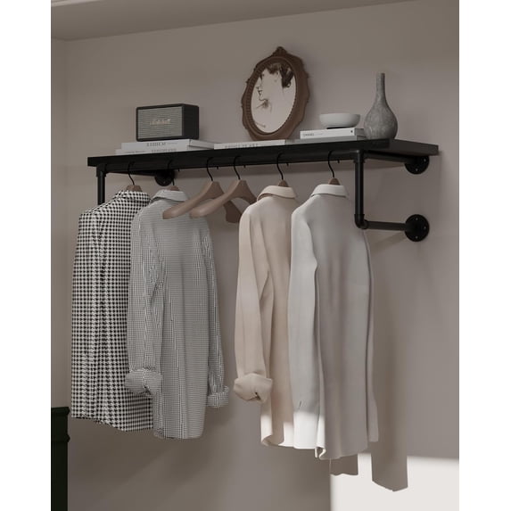 Clothes Rack 60in Wall Mounted Garment Racks with Real Wood Shelf Heavy ...
