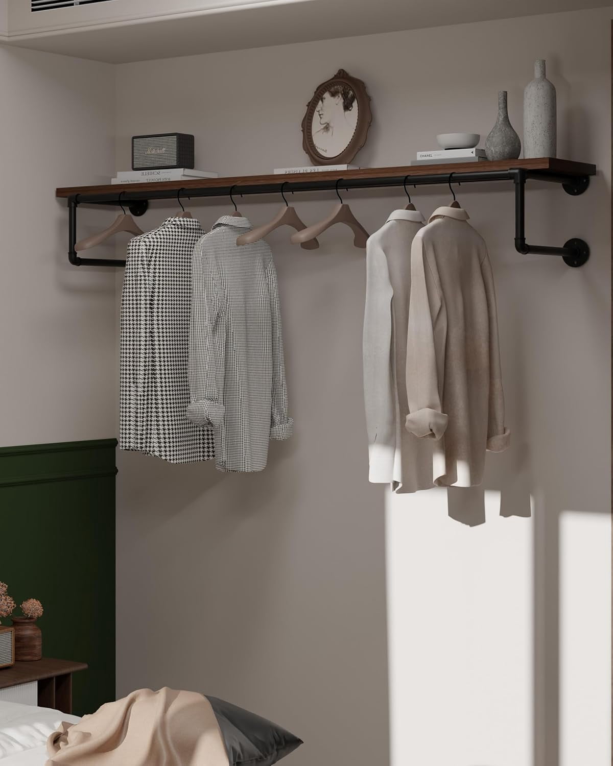 Clothes Rack 60in Wall Mounted Garment Racks with Real Wood Shelf Heavy ...