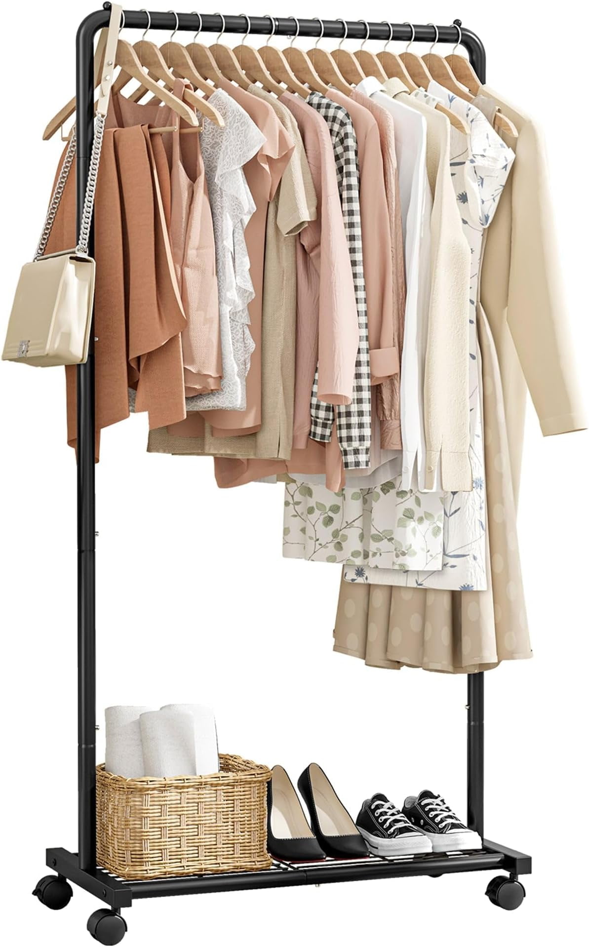 Clothes Rack - Clothing Rack with Storage Mesh Shelf & Casters, Heavy ...