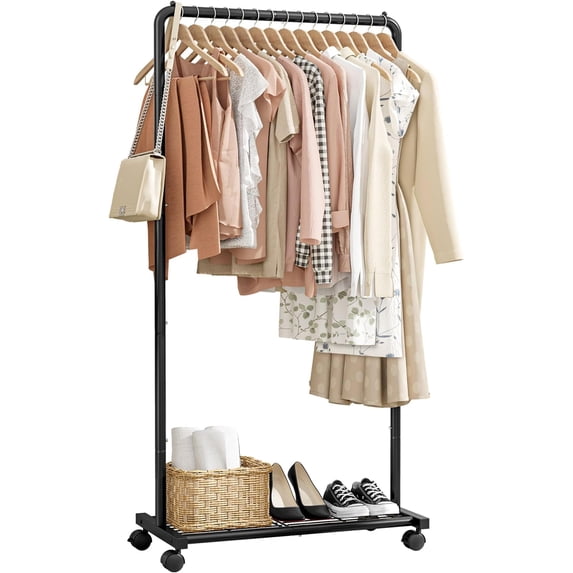 Clothes Rack - Clothing Rack with Storage Mesh Shelf & Casters, Heavy ...