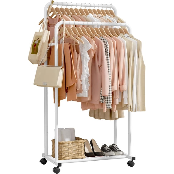 Clothes Rack - Clothing Rack with Storage Mesh Shelf & Casters, Heavy ...