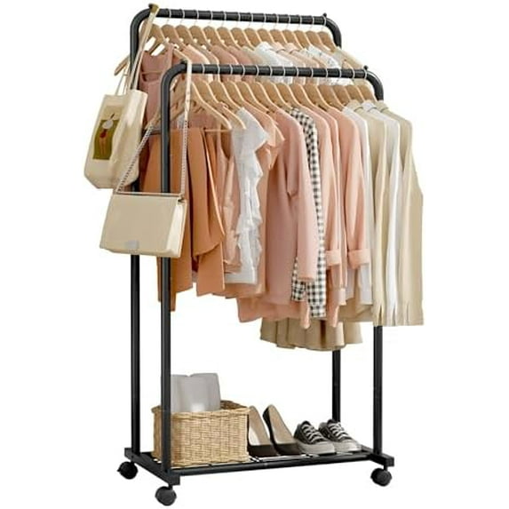 Clothes Rack - Clothing Rack with Storage Mesh Shelf & Casters, Heavy ...