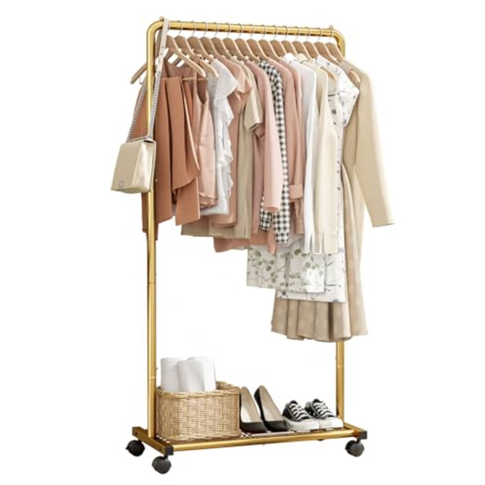 Clothes Rack - Clothing Rack with Storage Mesh Shelf Casters Heavy-Duty ...
