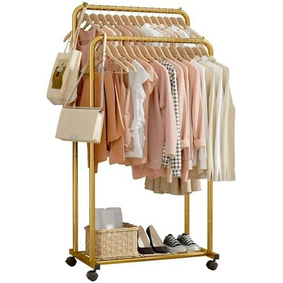 Clothes Rack - Clothing Rack with Storage Mesh Shelf & Casters, Heavy ...