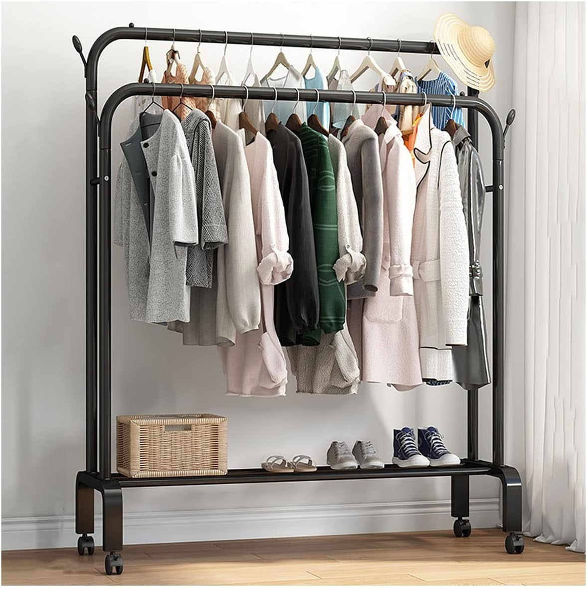 Clothes Rack, Clothing Rack for Hanging Clothes with Wheels, Double ...