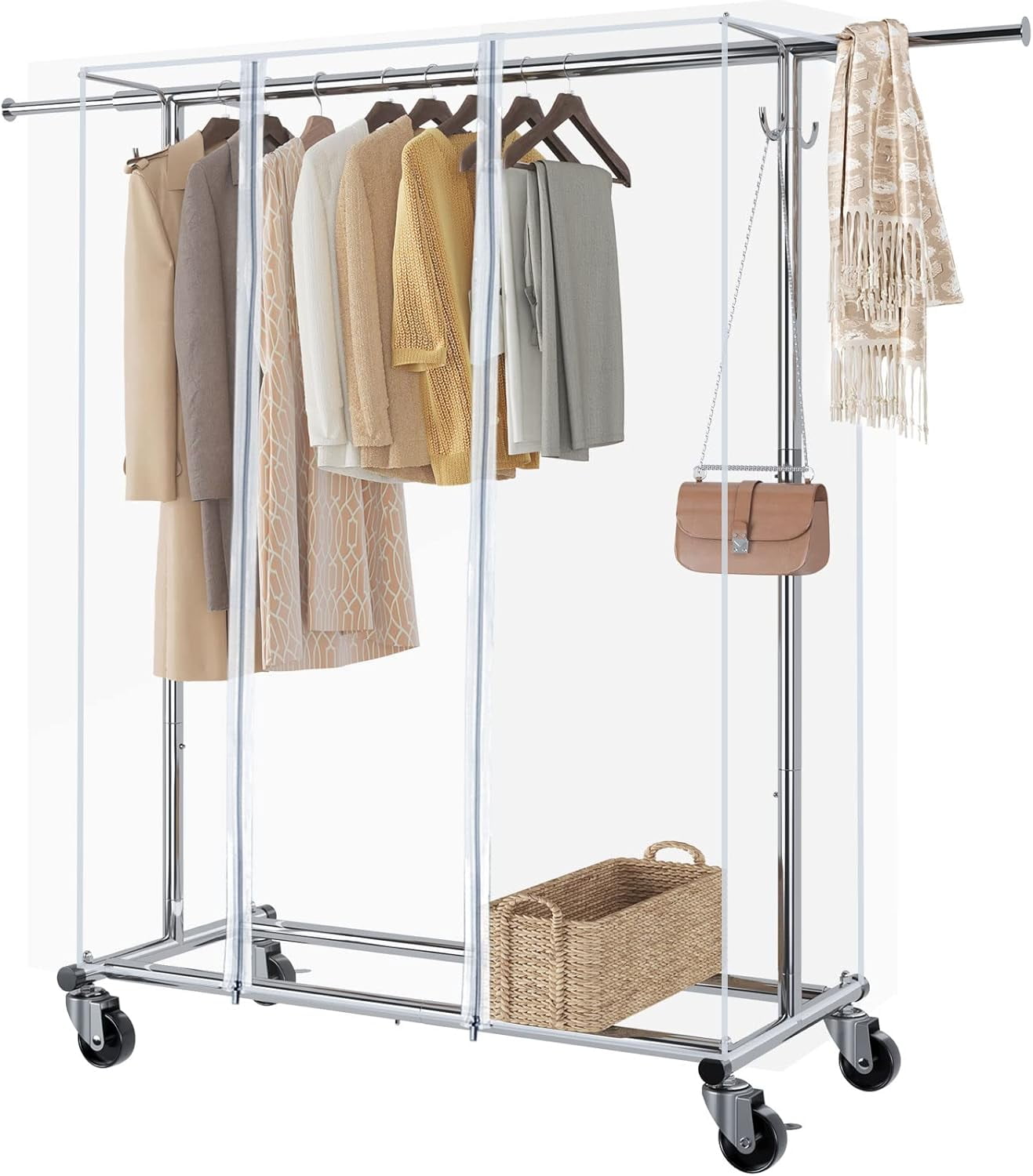 Clothes Rack with Cover, Adjustable Garment Rack with Wheels, Heavy ...