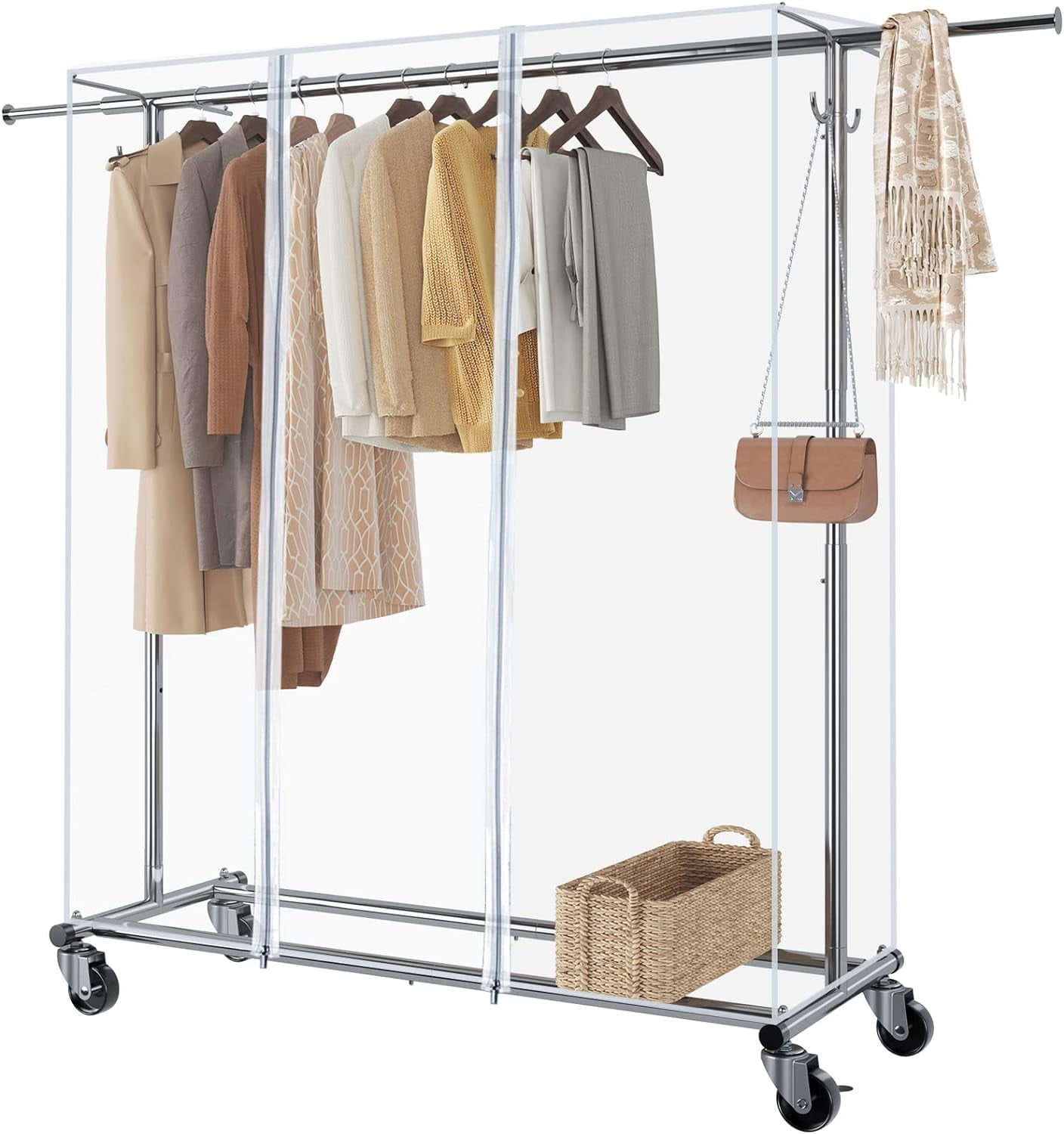 Clothes Rack with Cover, Adjustable Garment Rack with Wheels, Heavy ...