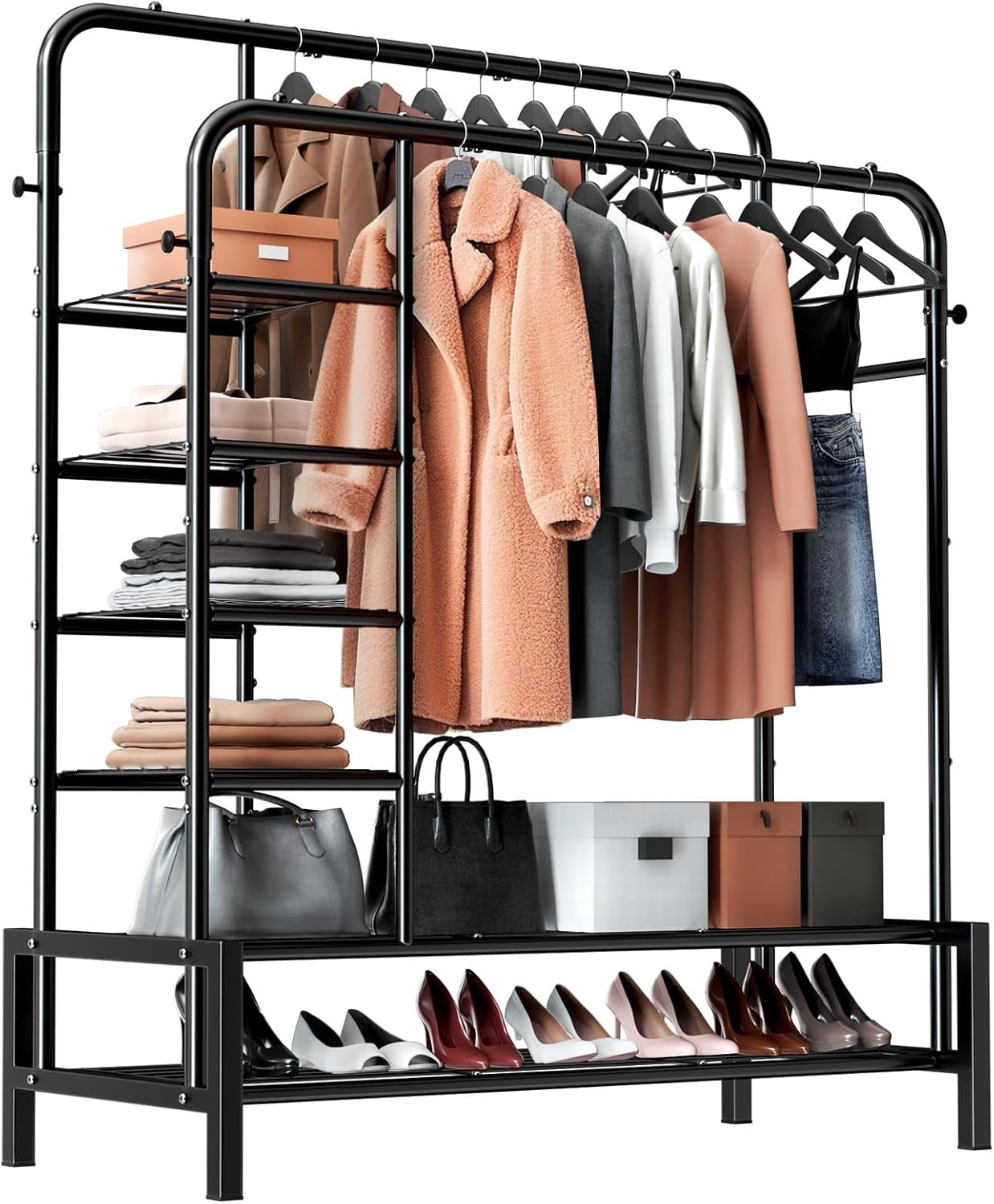 Clothes Rack, Double Rods Clothing Rack with 2 Bottom Shelves & 4 Side ...