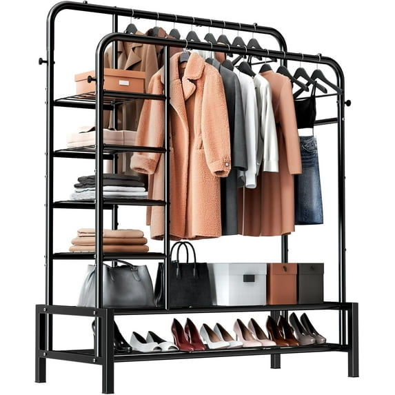Clothes Rack, Double Rods Clothing Rack with 2 Bottom Shelves & 4 Side ...