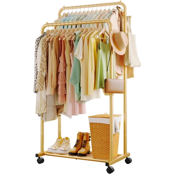 Clothes Rack - Double Rods Clothing Rack with Mesh Shelf, Hooks ...