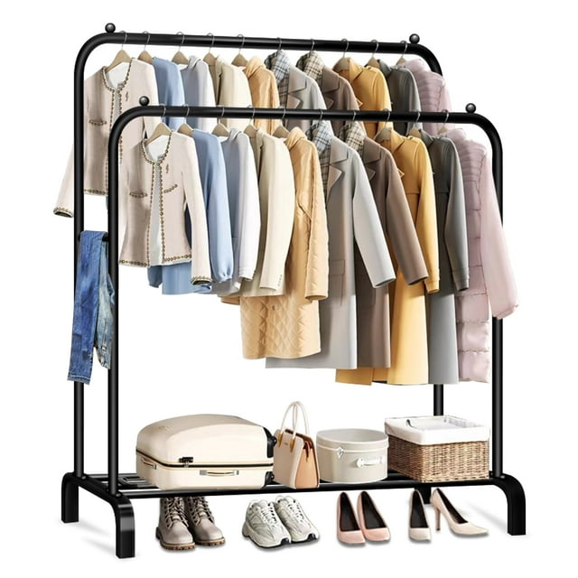 Clothes Rack, Double Rods Garment Rack with Storage Shelf, Clothing ...