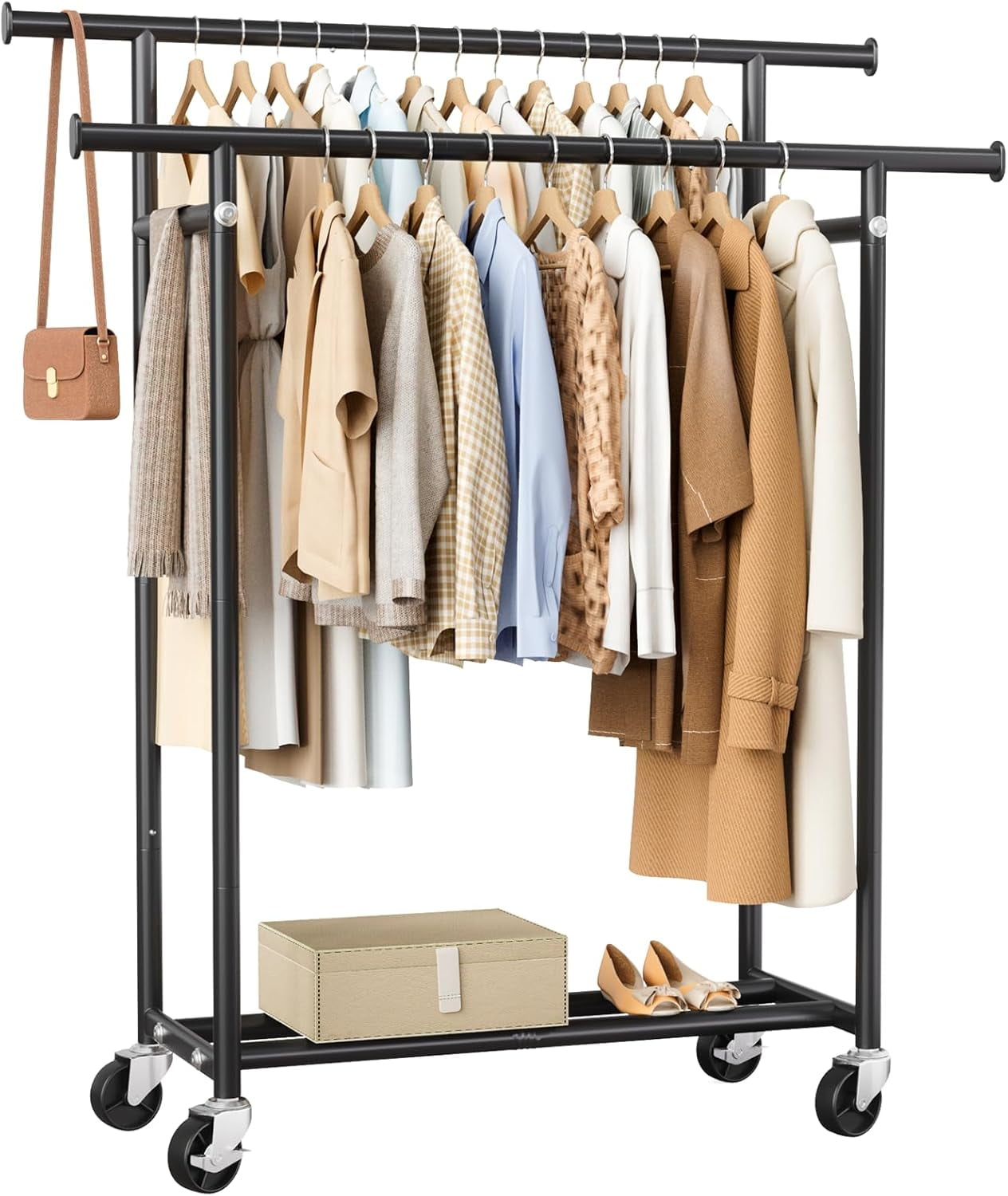Clothes Rack, Double Rods Rolling Clothing Rack for Hanging Clothes ...