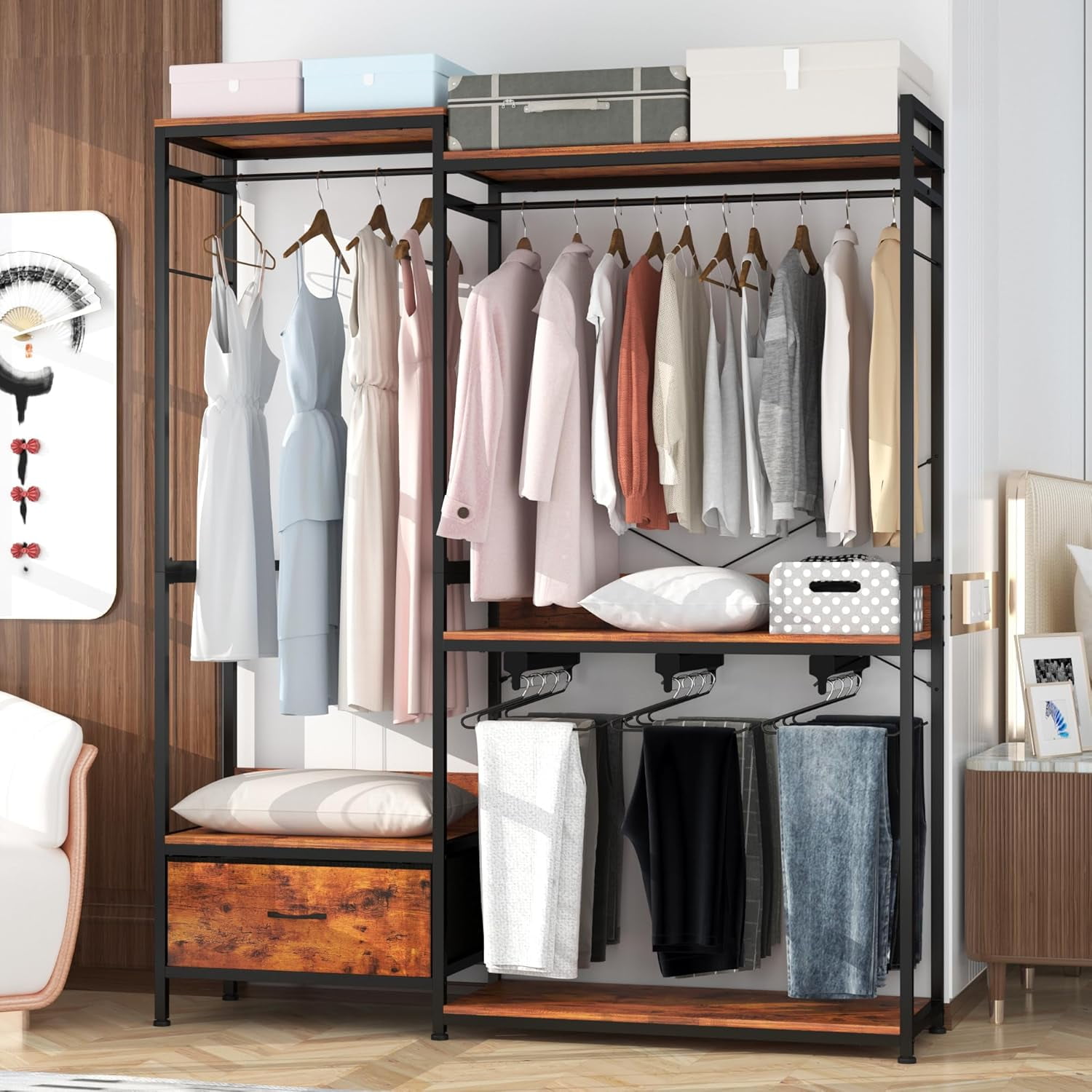 Clothes Rack with Drawers,Heavy Duty Garment Rack with 3 Pants Hangers ...