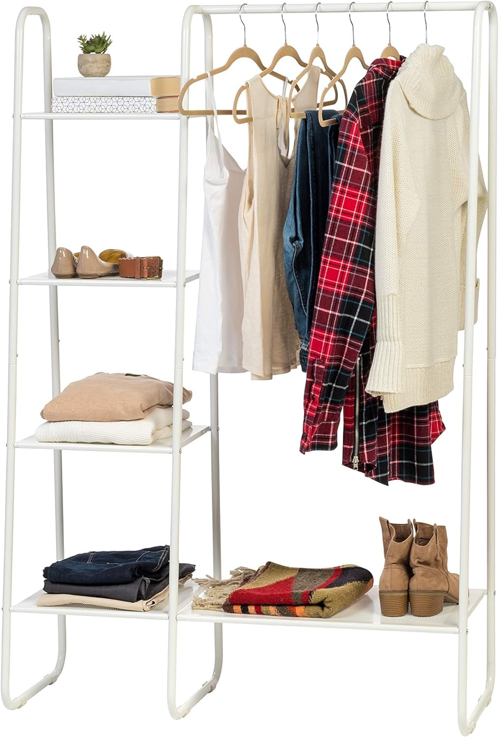 Clothes Rack for Hanging Clothes with 4 Wood Shelves, Freestanding ...