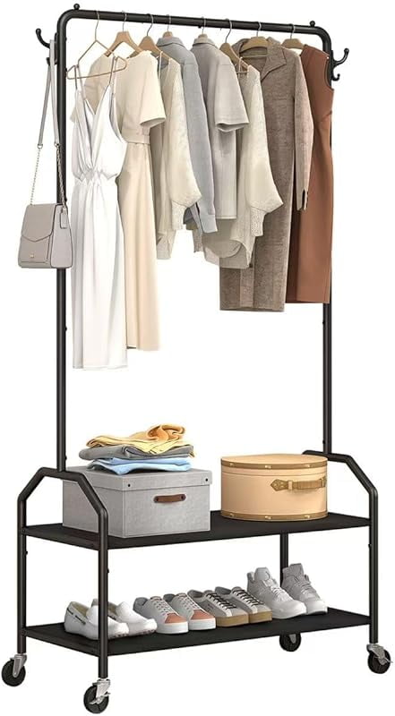 Clothes Rack for Hanging Clothes with Bottom Shelves Heightened Rolling ...