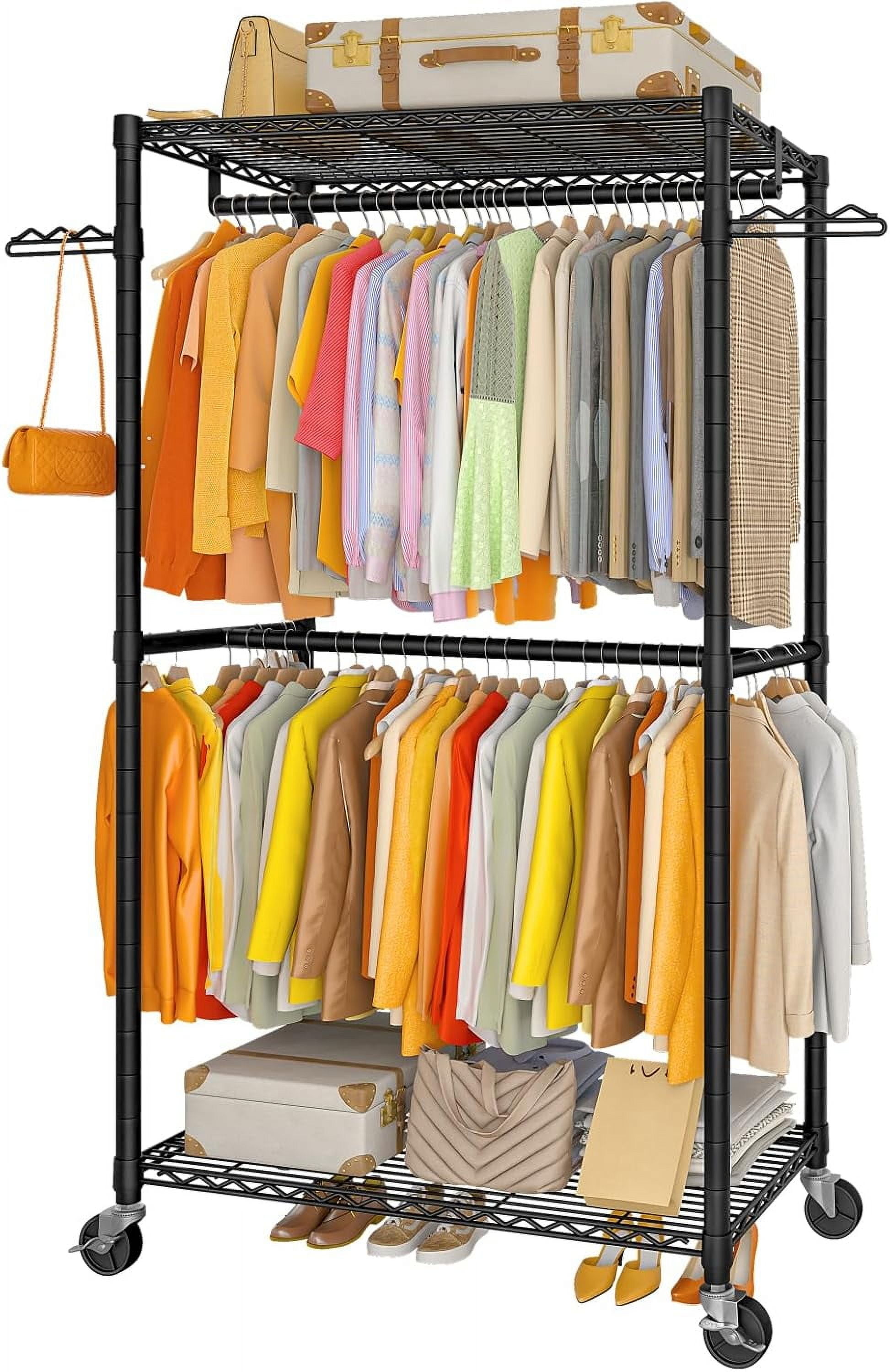 Clothes Rack for Hanging Clothes with Bottom Shelves Heightened Rolling ...