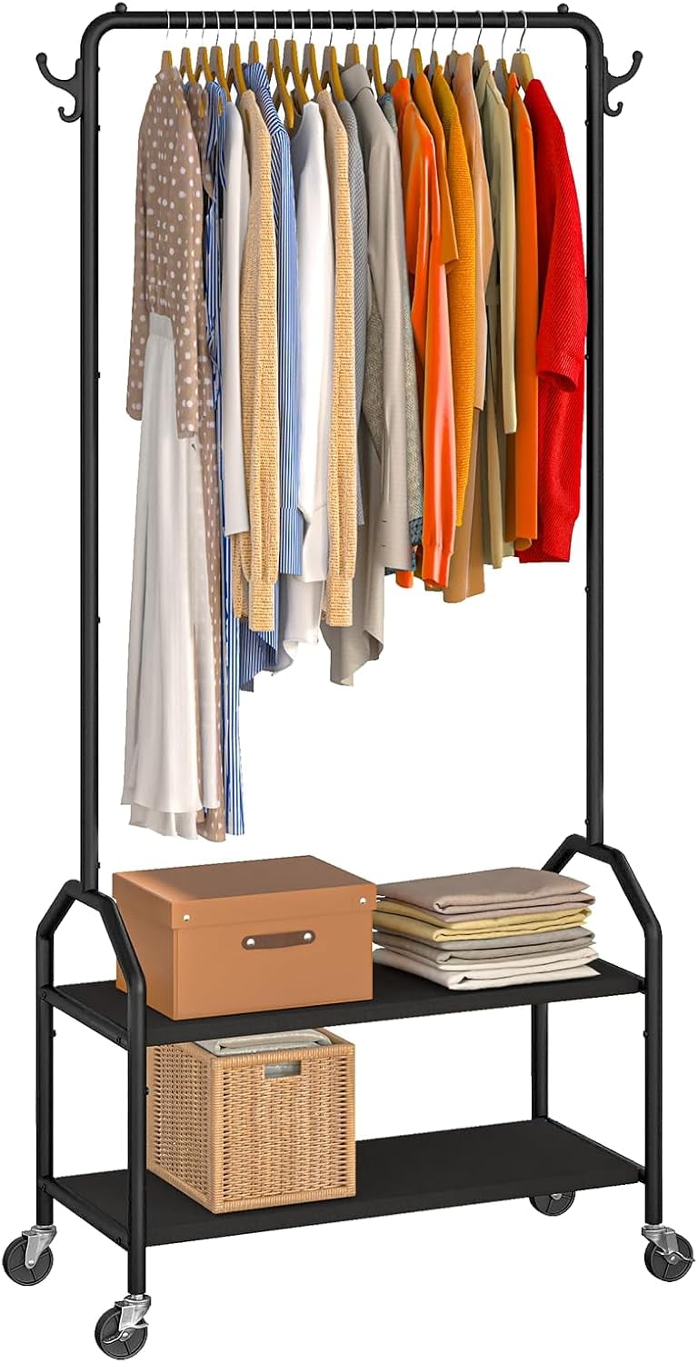 Clothes Rack for Hanging Clothes with Bottom Shelves Rolling Clothing ...