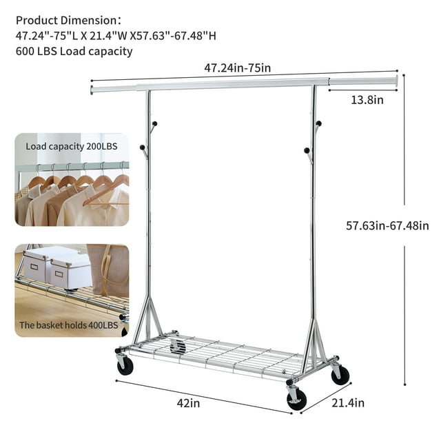 Hall Tree Clothes Rack Heavy Duty Clothing Rack 600LBS Rolling Clothes ...