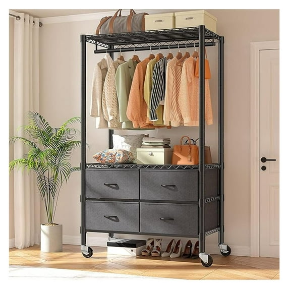 Clothes Rack Heavy Duty Clothing Rack with Rolling Wheels & 4 Drawers ...