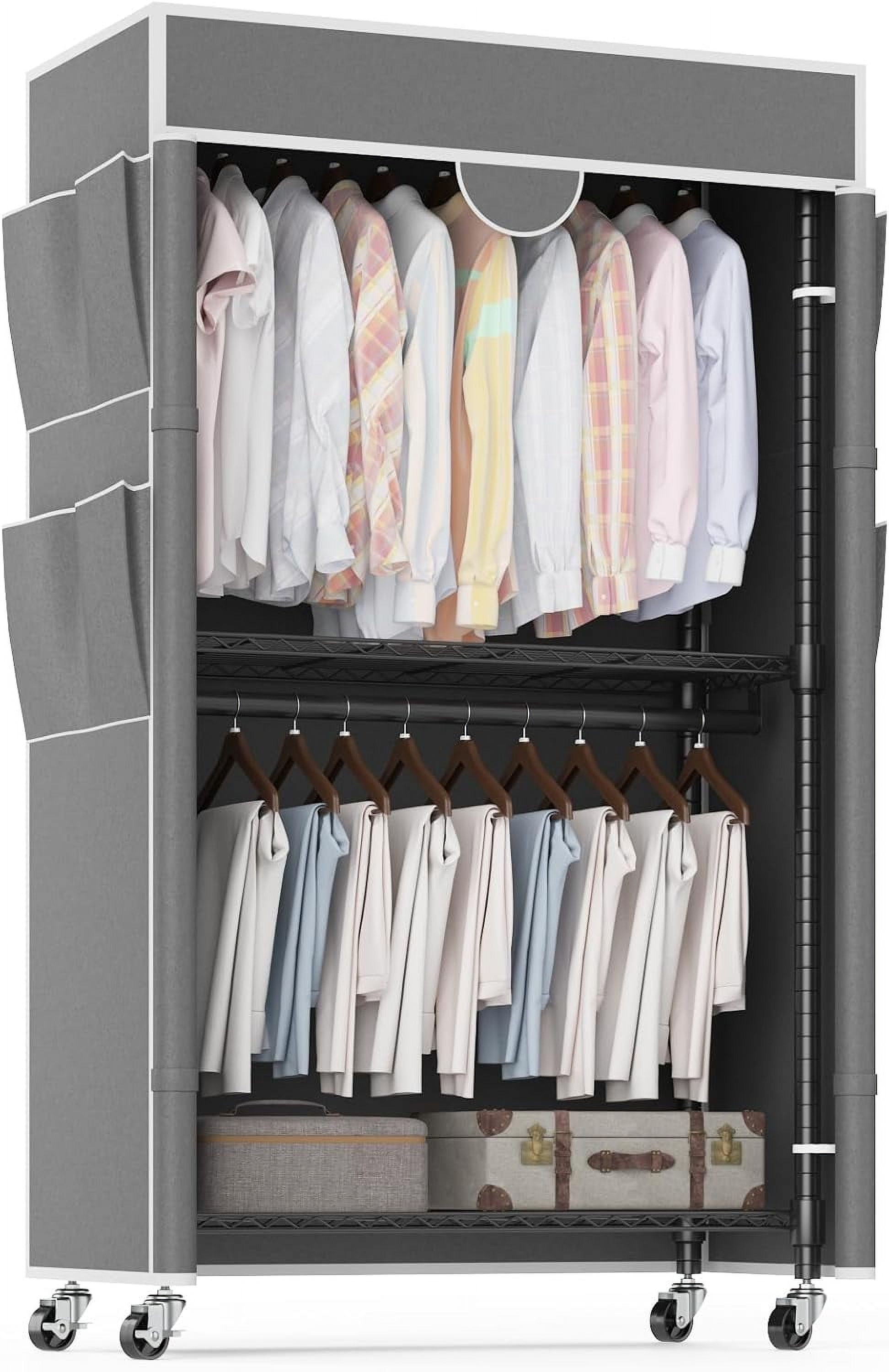 Clothes Rack, Heavy Duty Portable Rolling Wardrobe Closet with Fabric ...