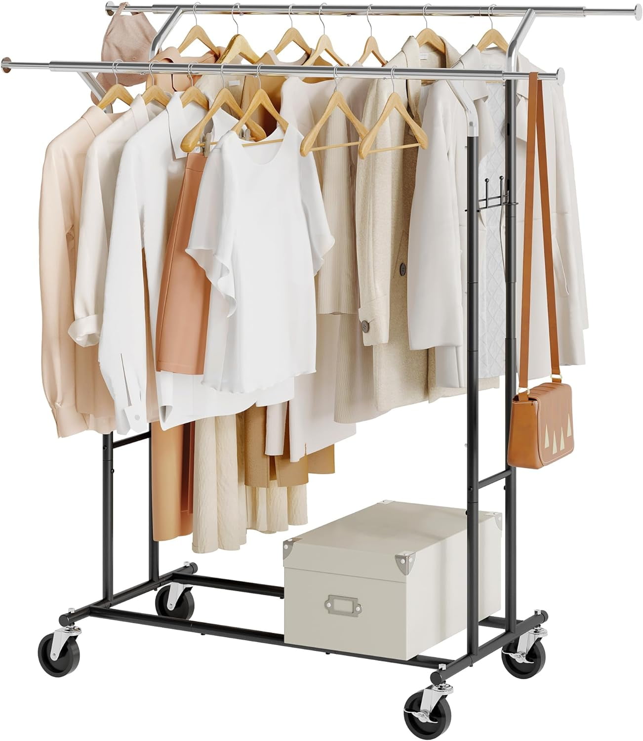 Clothes Rack Heavy Duty Rolling Garment Rack with Wheels and Extendable ...