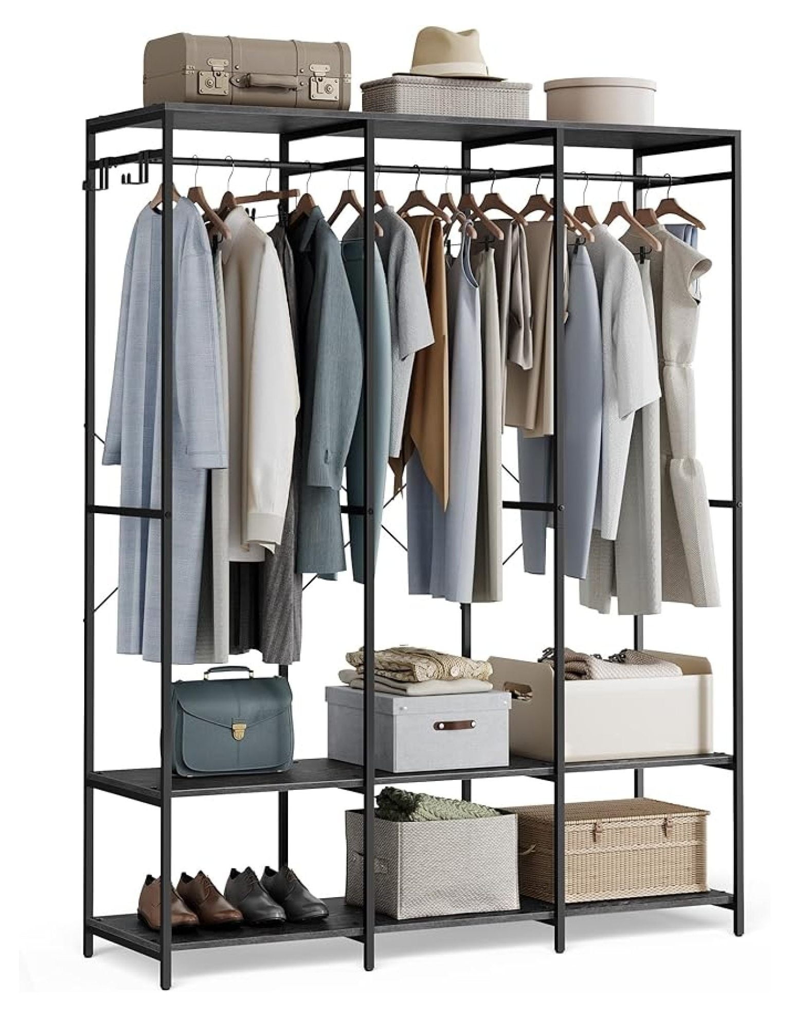 Clothes Rack, Iron and Wood Wardrobe Closet Organizer, Heavy Duty ...
