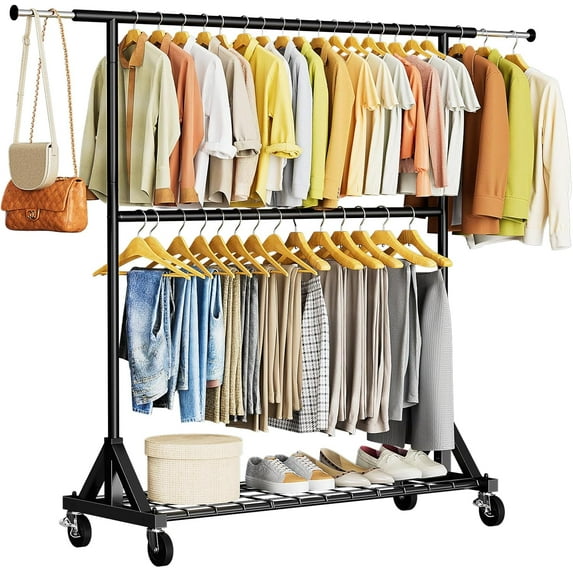 Clothes Rack Load 600 LBS, Double Rod Clothing Rack, Rolling Garment ...