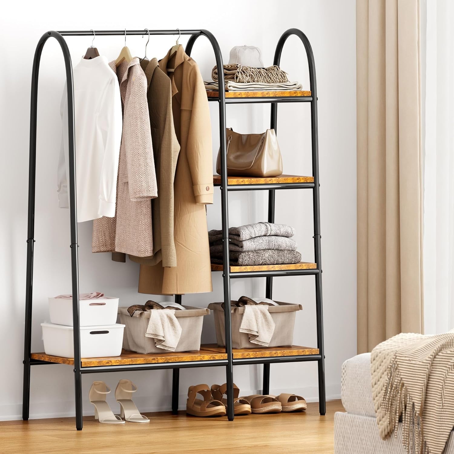 Clothes Rack, Metal Garment Rack with 4-Tier Wood Storage Shelves ...