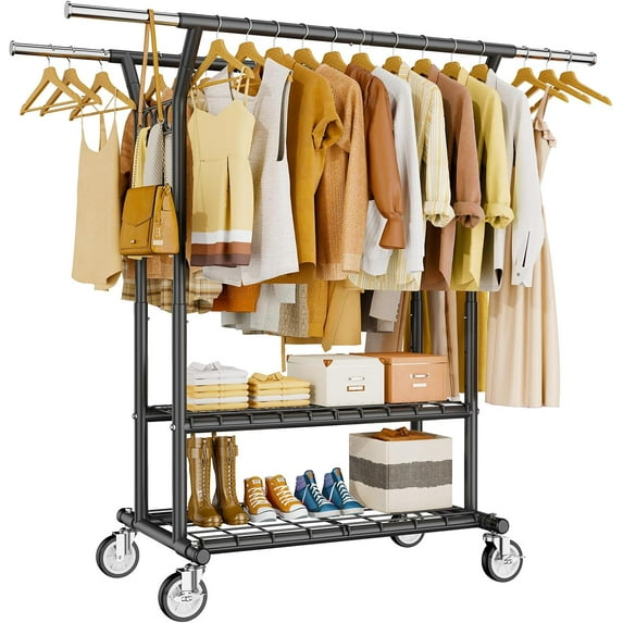 Clothes Rack, Rolling Clothing Rack With Shelves Load 620 LBS, Double ...