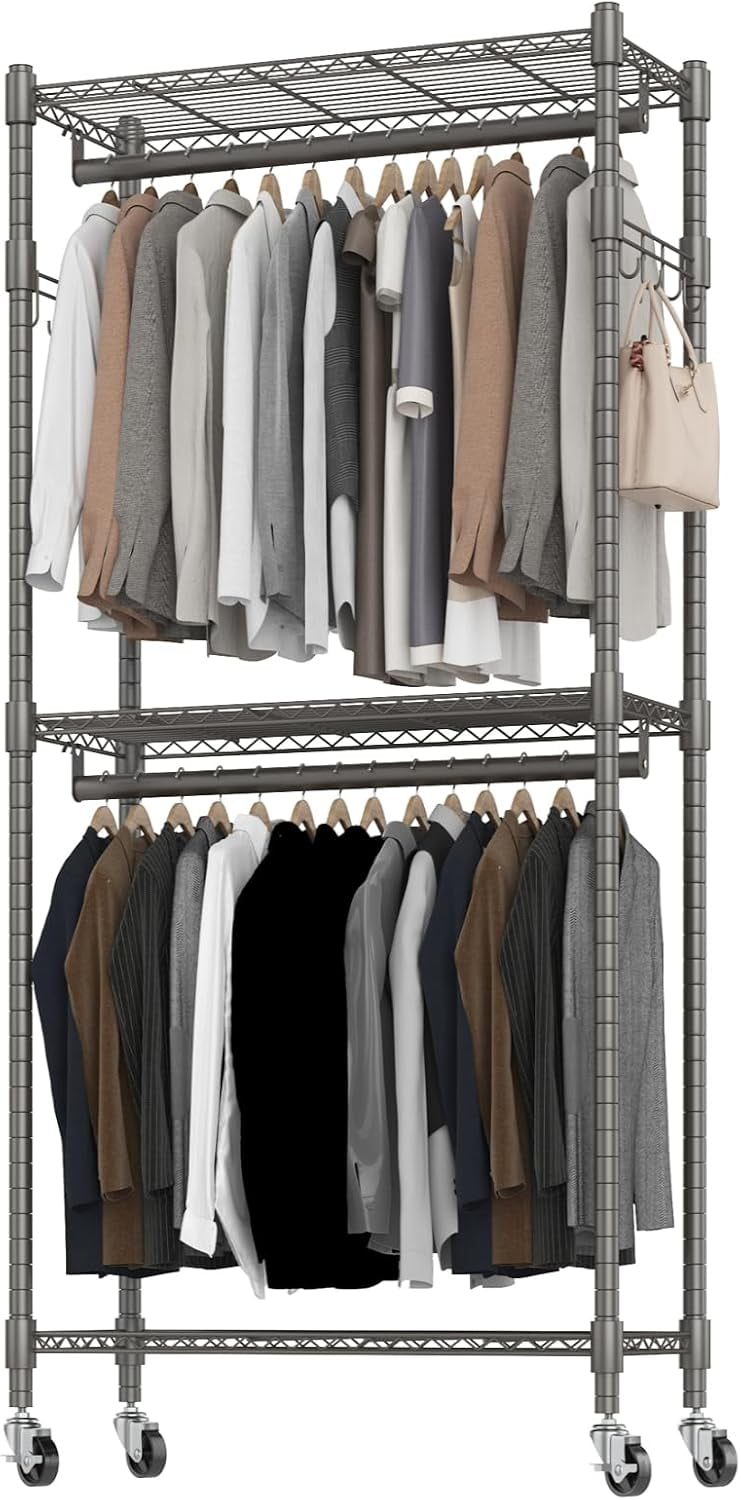 Clothes Rack Rolling Narrow 2 tier Garment Rack for Hanging Clothes ...