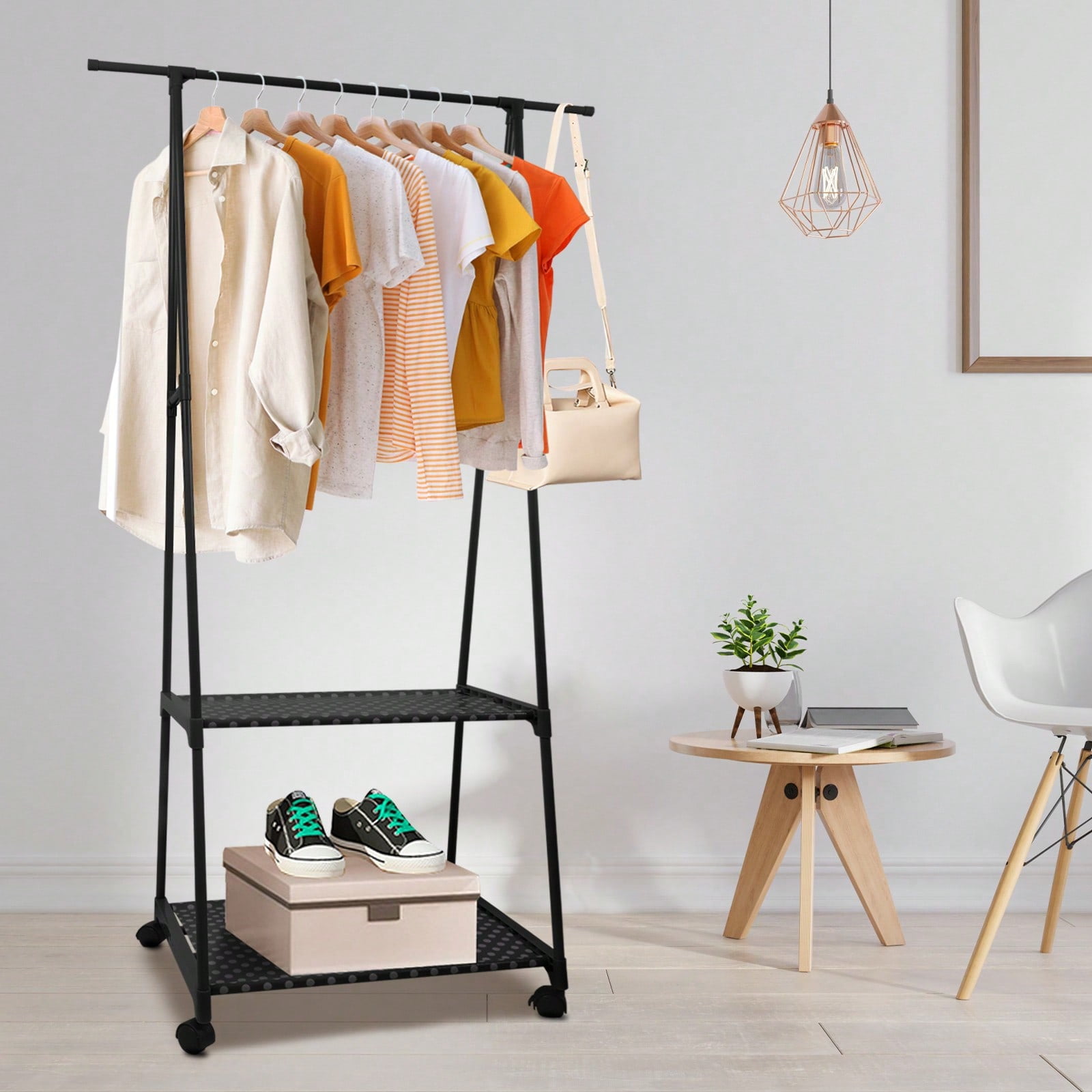 Clothes Rack Small Metal Garment Rack With Shelves For Bedroom Rolling ...