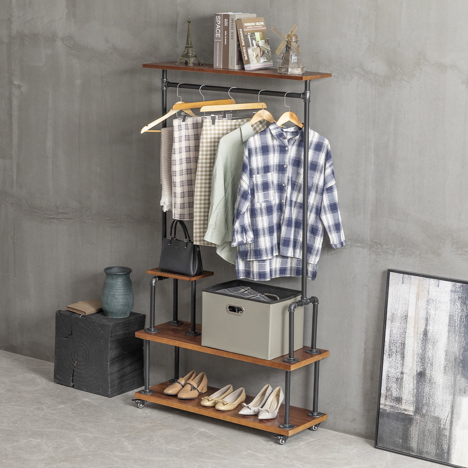 Clothes Rack Small Metal Garment Rack with Shelves for bedroom Rolling ...