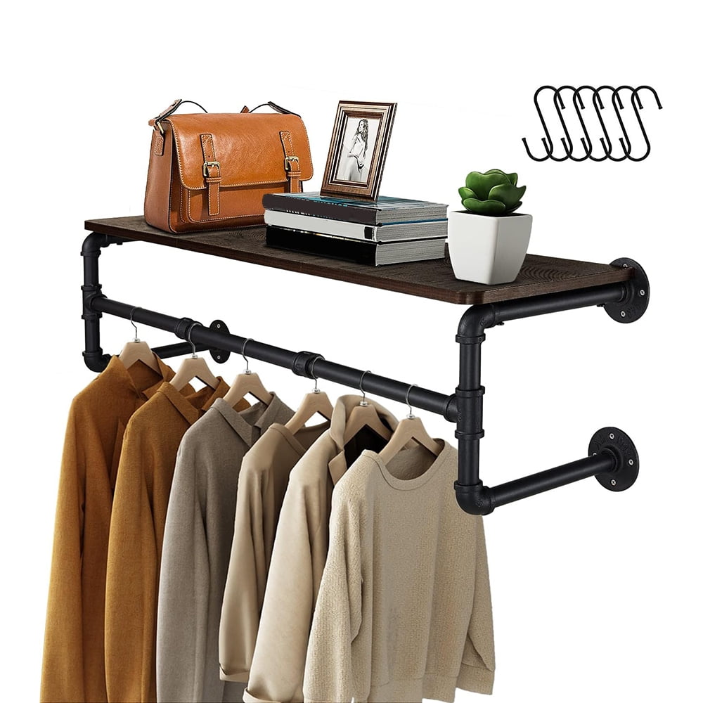 Clothes Rack with Top Shelf, 41in Industrial Pipe Wall Mounted Garment ...