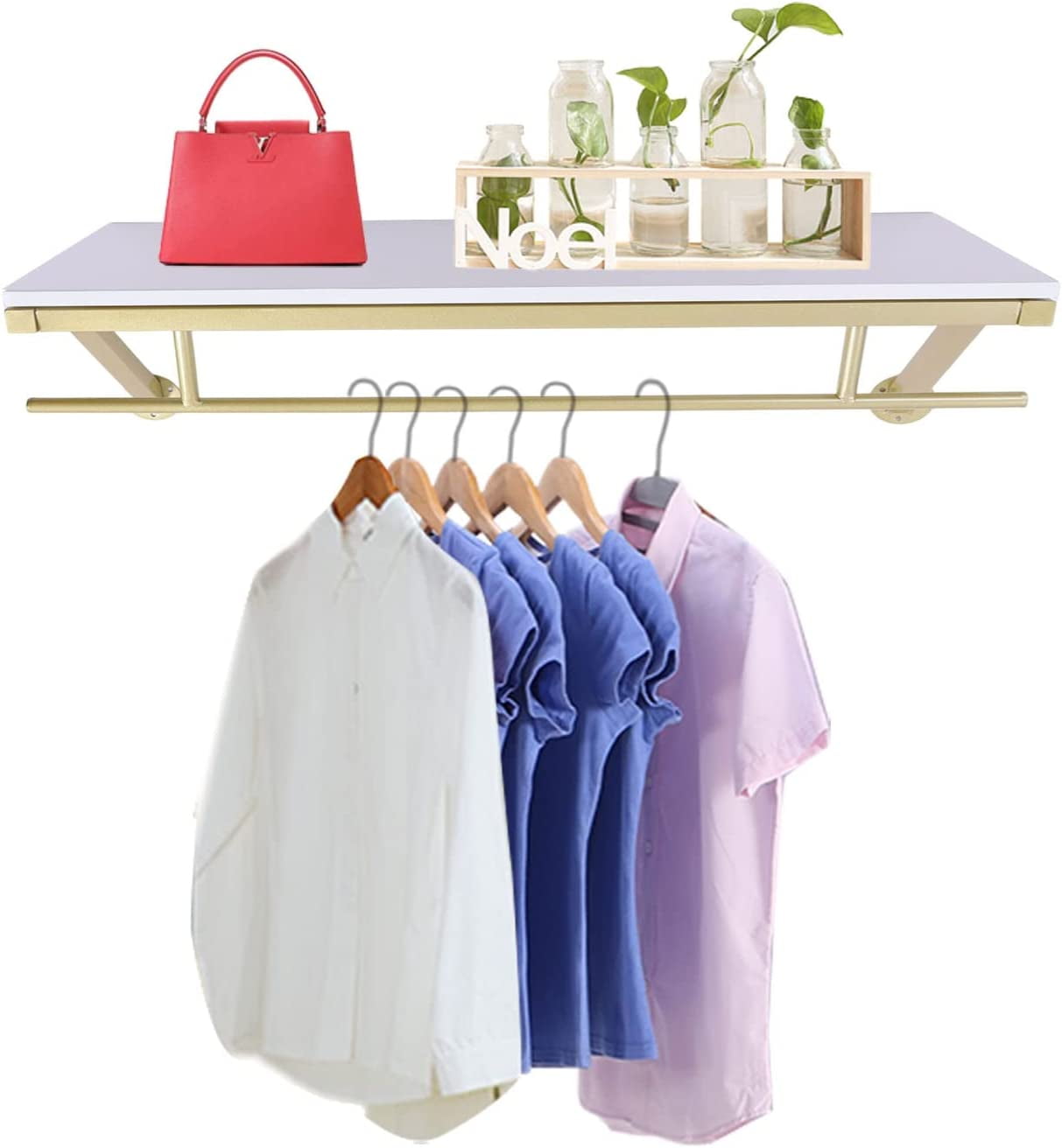 Clothes Rack with Top Shelf, Clothing Rack Wall Mounted Garment Hanging ...