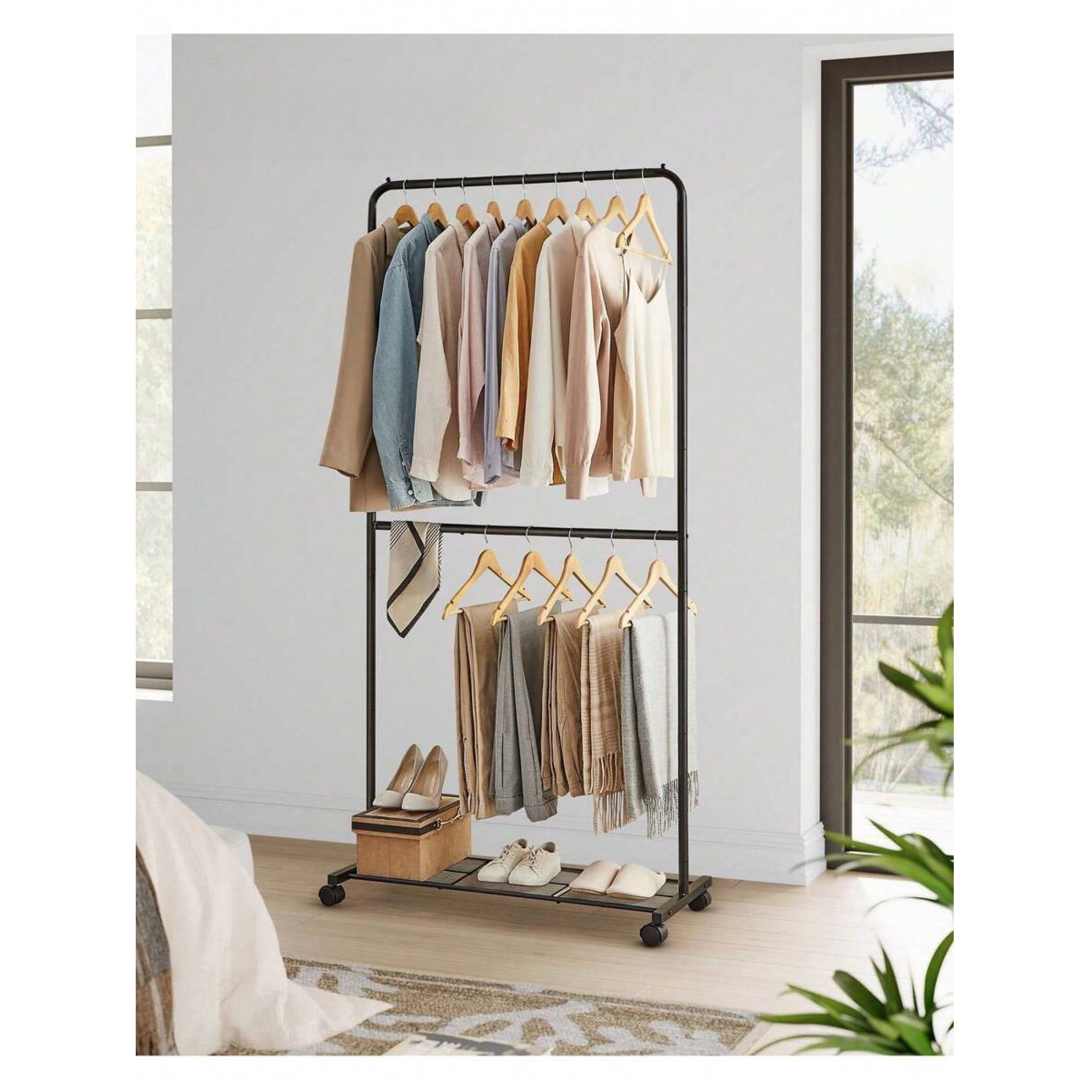 Clothes Rack With Wheels, Clothing Rack For Hanging Clothes, Double-Rod ...