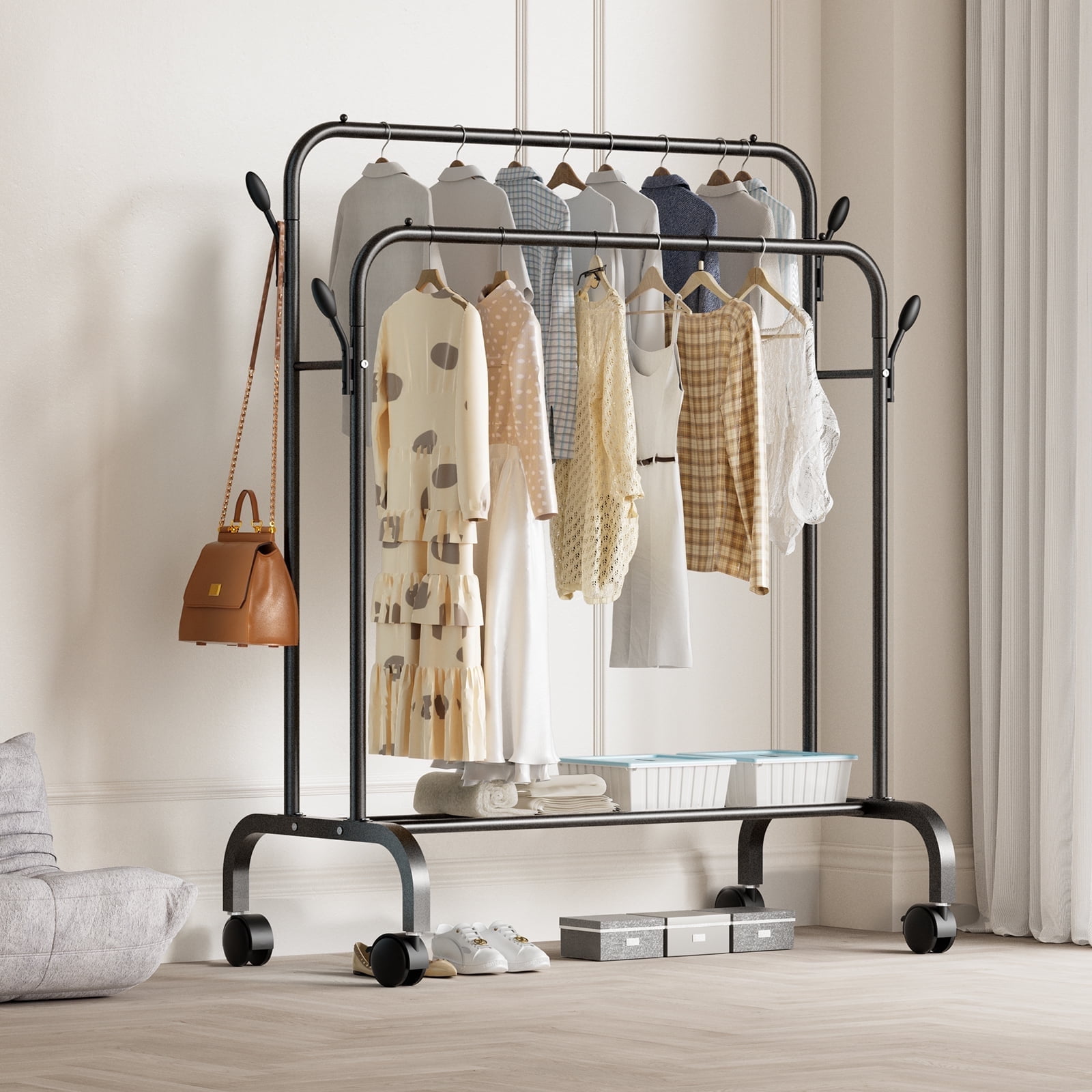 Clothes Rack with Wheels, Double Rods Clothing Rack for Hanging Clothes ...